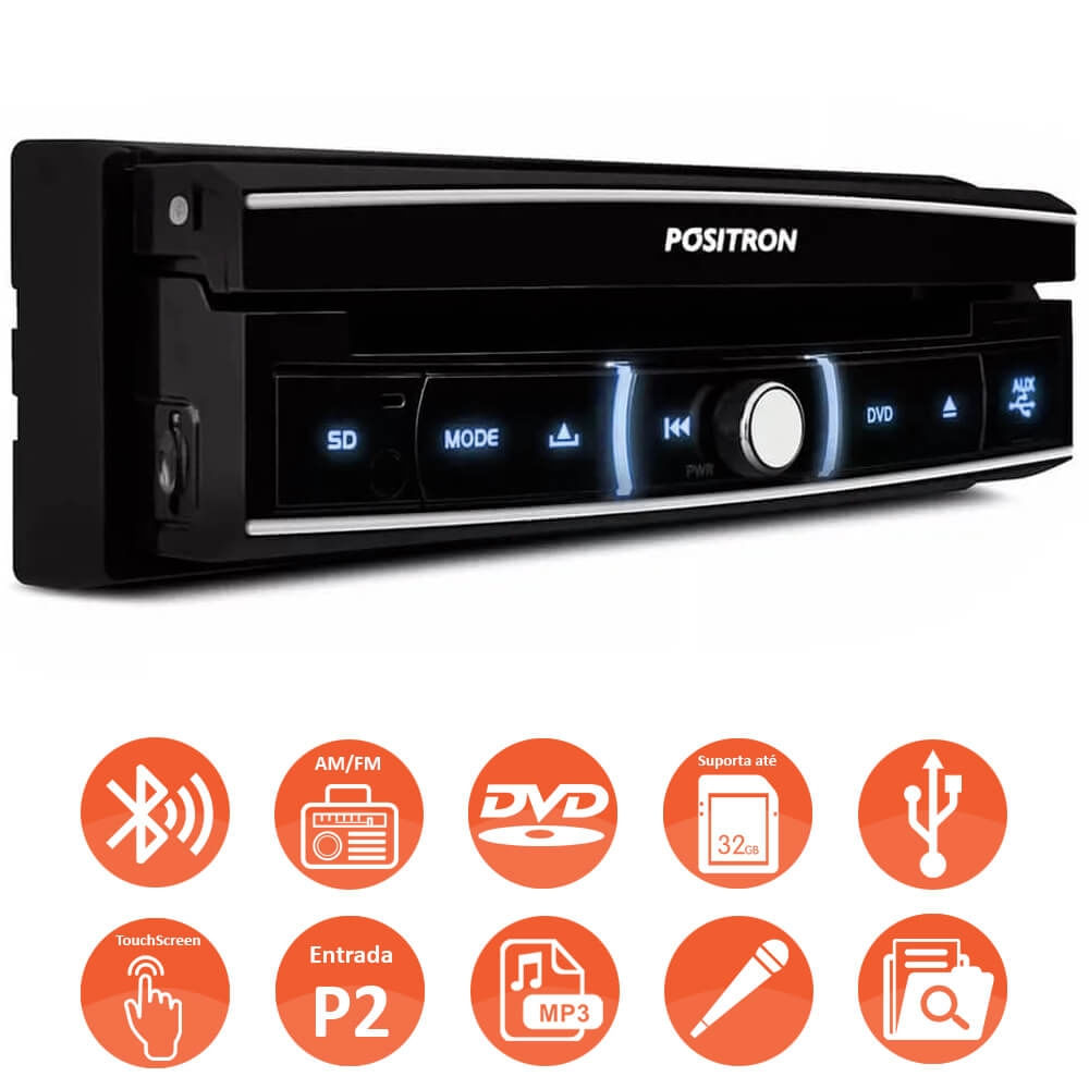 DVD Player Pósitron SP6330BT 1 Din 7" Retrátil Bluetooth Touch Usb Sd ...