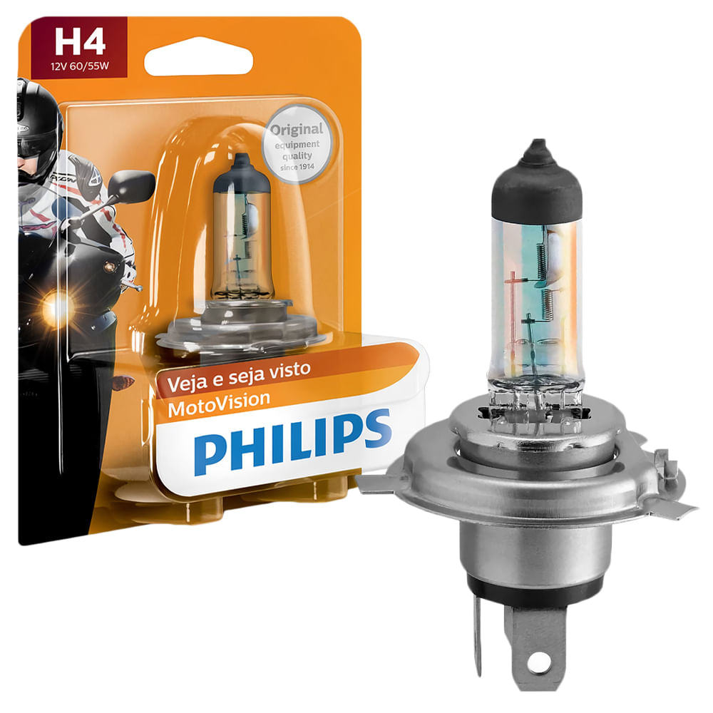 Lâmpada Farol MotoVision H4 30% Mais Iluminação 12V 60/55W Philips ...