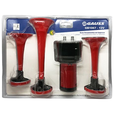 Buzina Eletropneumática 3 Cornetas 12V Vermelha Gauss - fortbras
